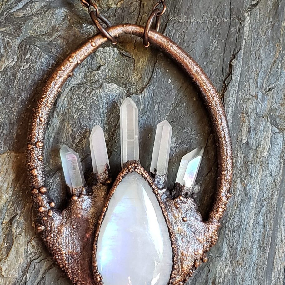 MoonStone Aura Quartz Pendant * Copper Electroformed Amuet Pendant